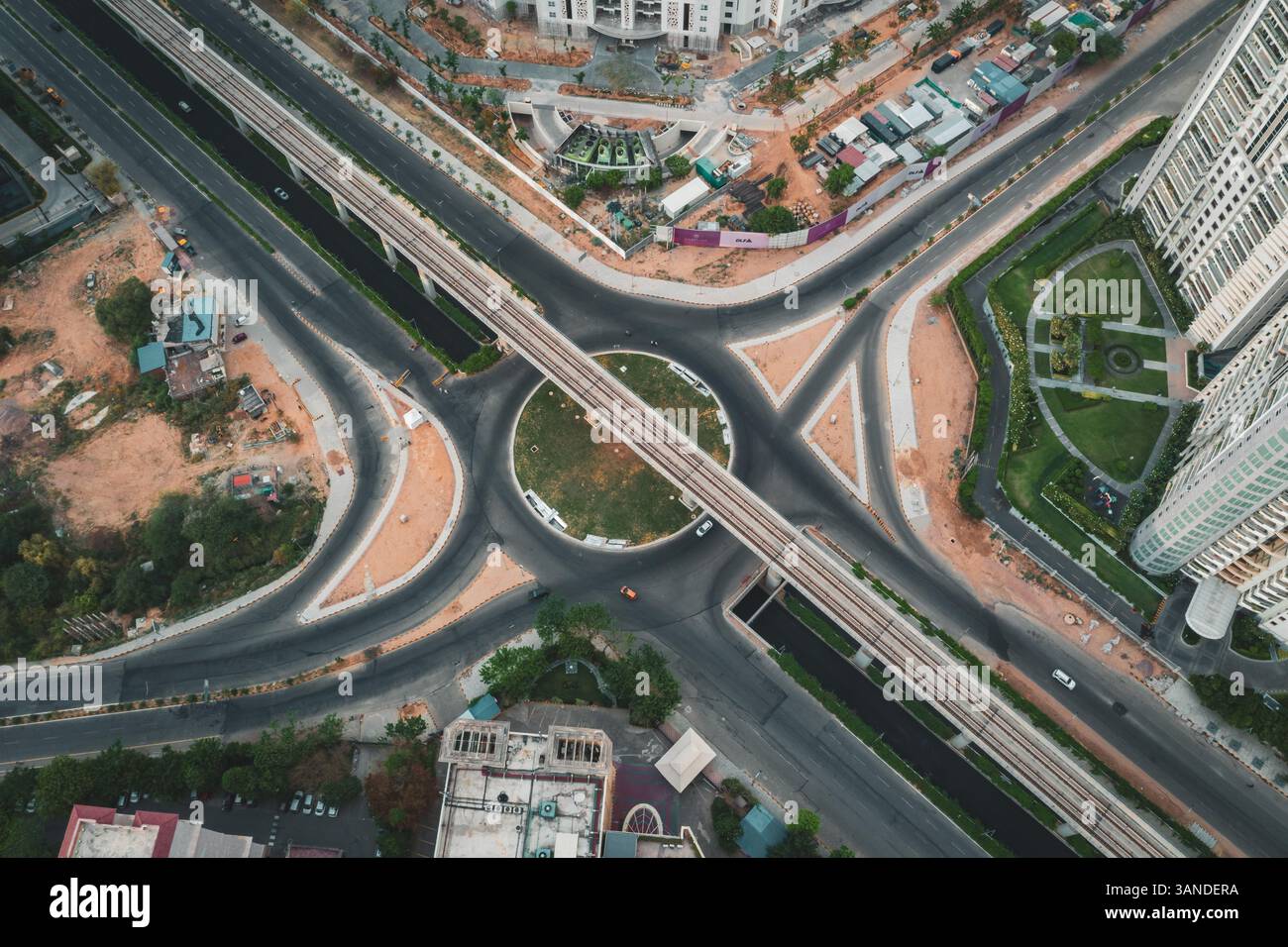 Aerial view of an empty roundabout in Gurugram, Haryana state near New ...