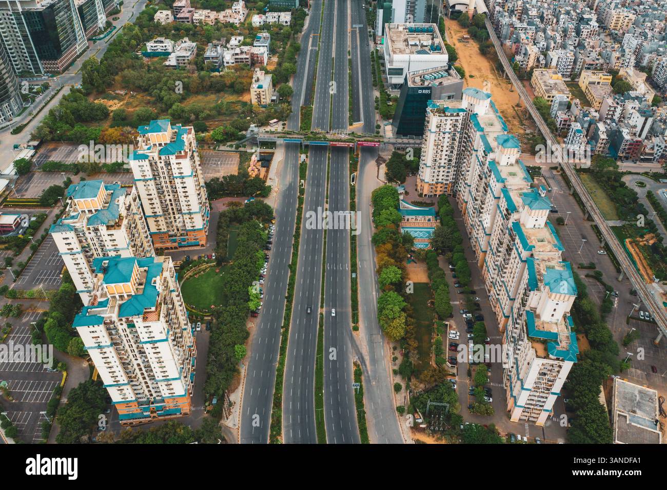 Aerial view of Gurugram residential district with barracs and an empty ...