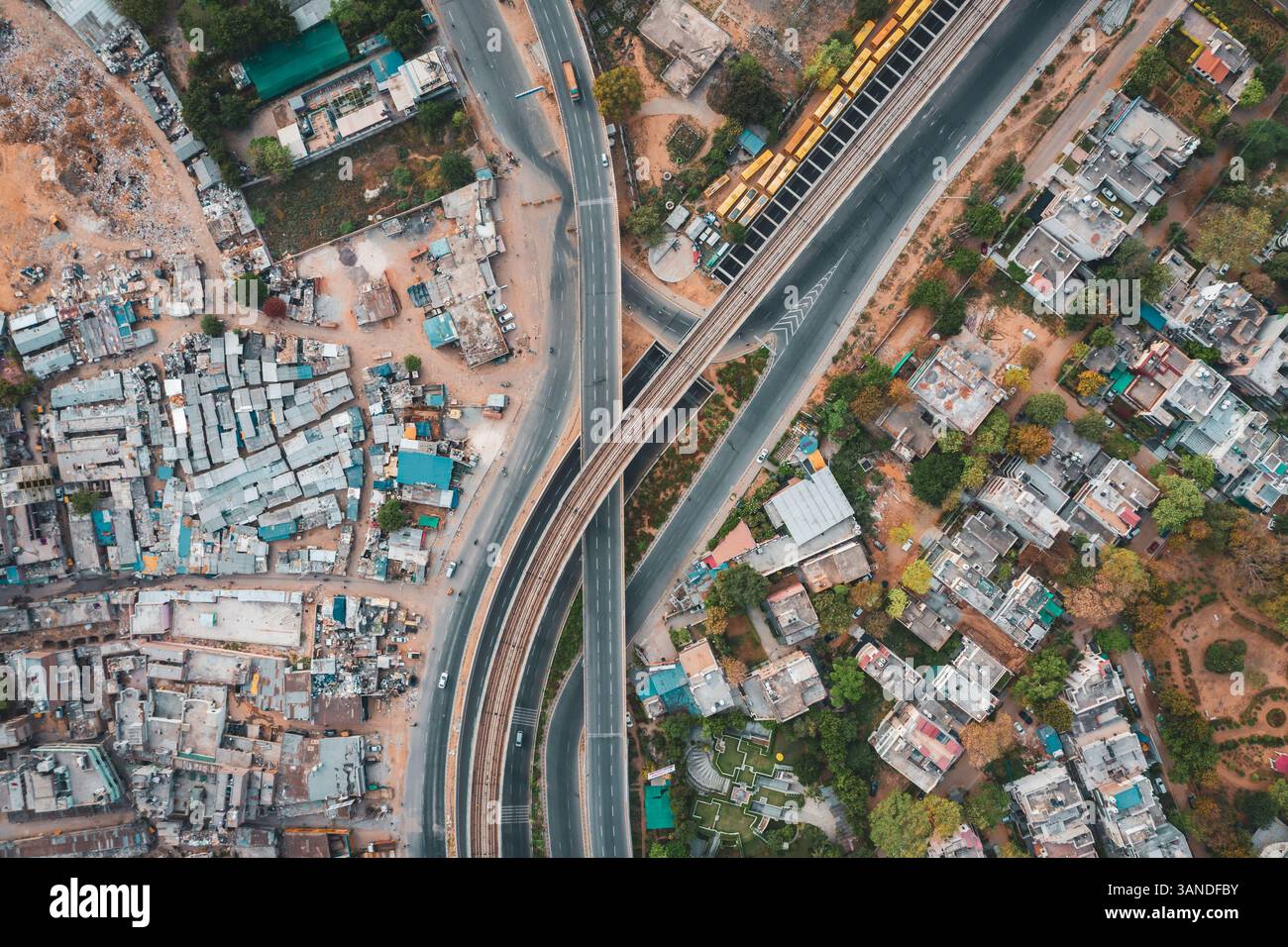 Aerial view of Gurugram residential district with barracs and an empty ...