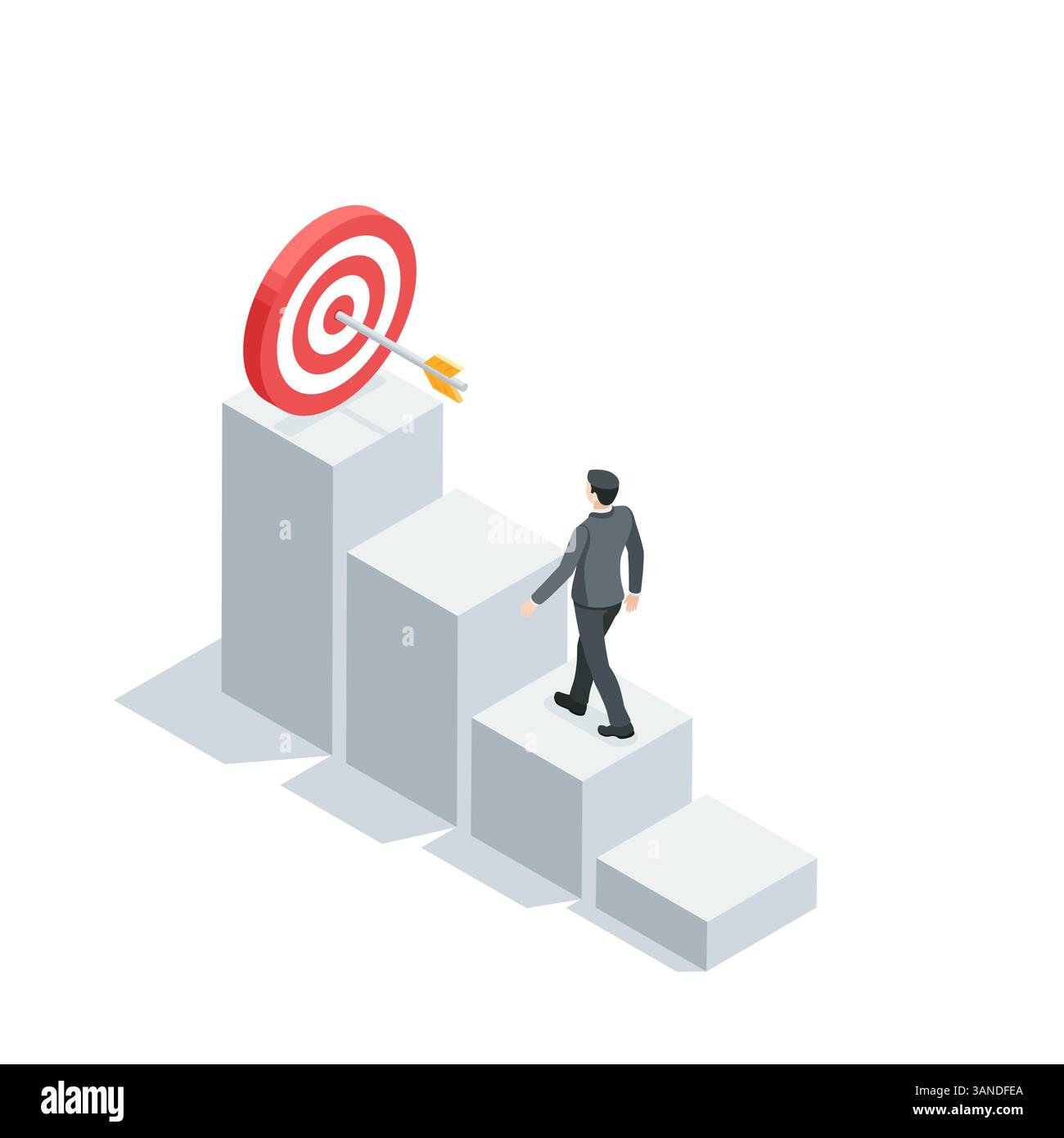 isometric vector business man climbing up chart columns to target with ...