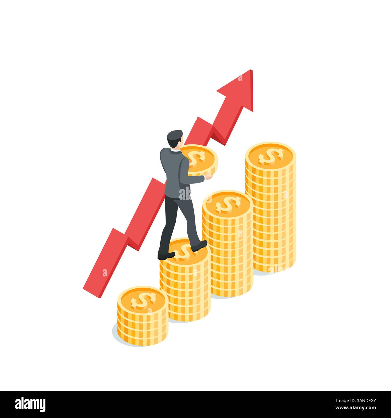 isometric vector business man with a coin climbing up a chart of coins ...