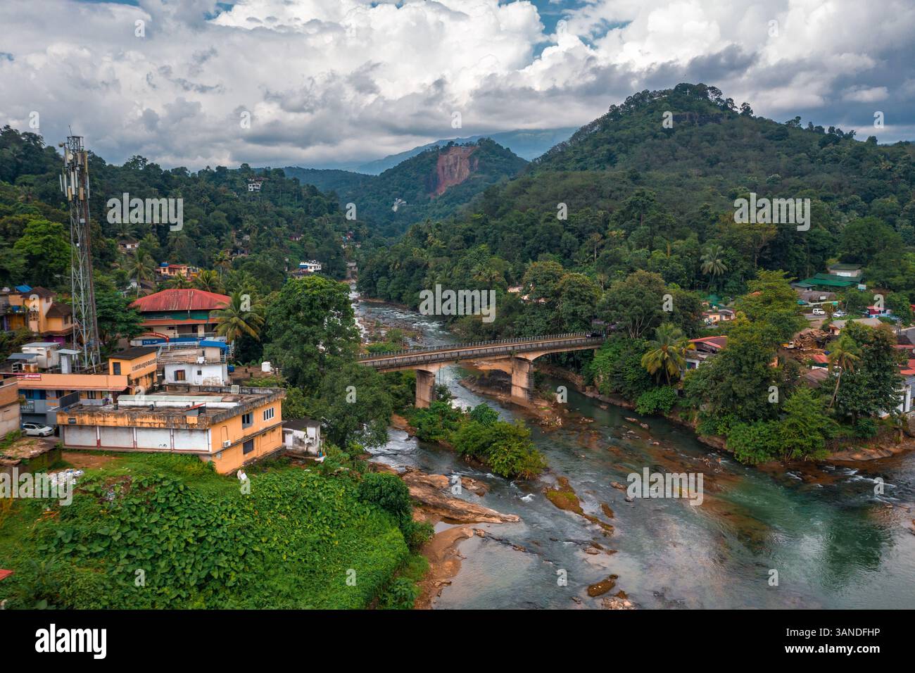 Aerial view of bridge over river in Mundakayam, Kerala, India Stock ...