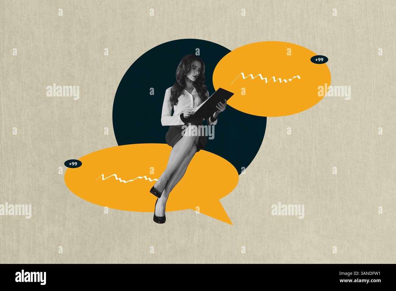 Image poster collage of person sit text box on khaki color background ...