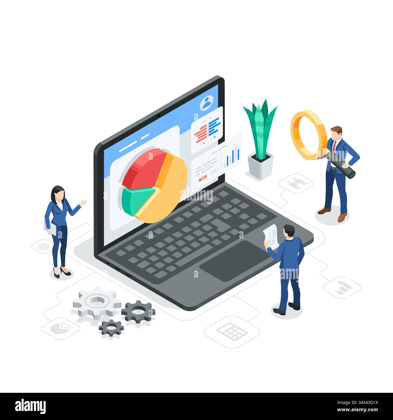isometric vector pie chart on a laptop screen and business people ...
