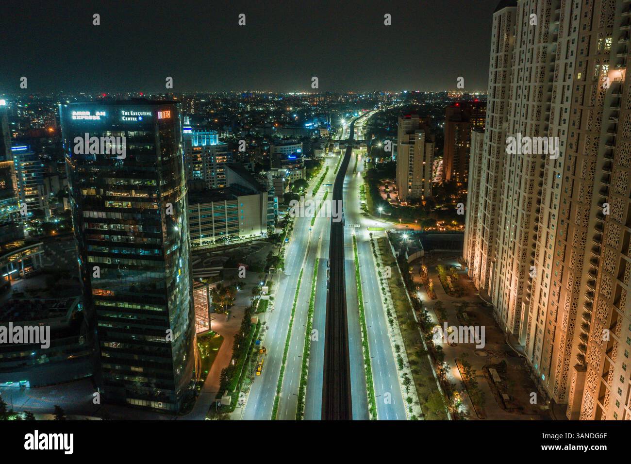 Aerial view of tall skyscraper in Gurugram near the motorway and the ...