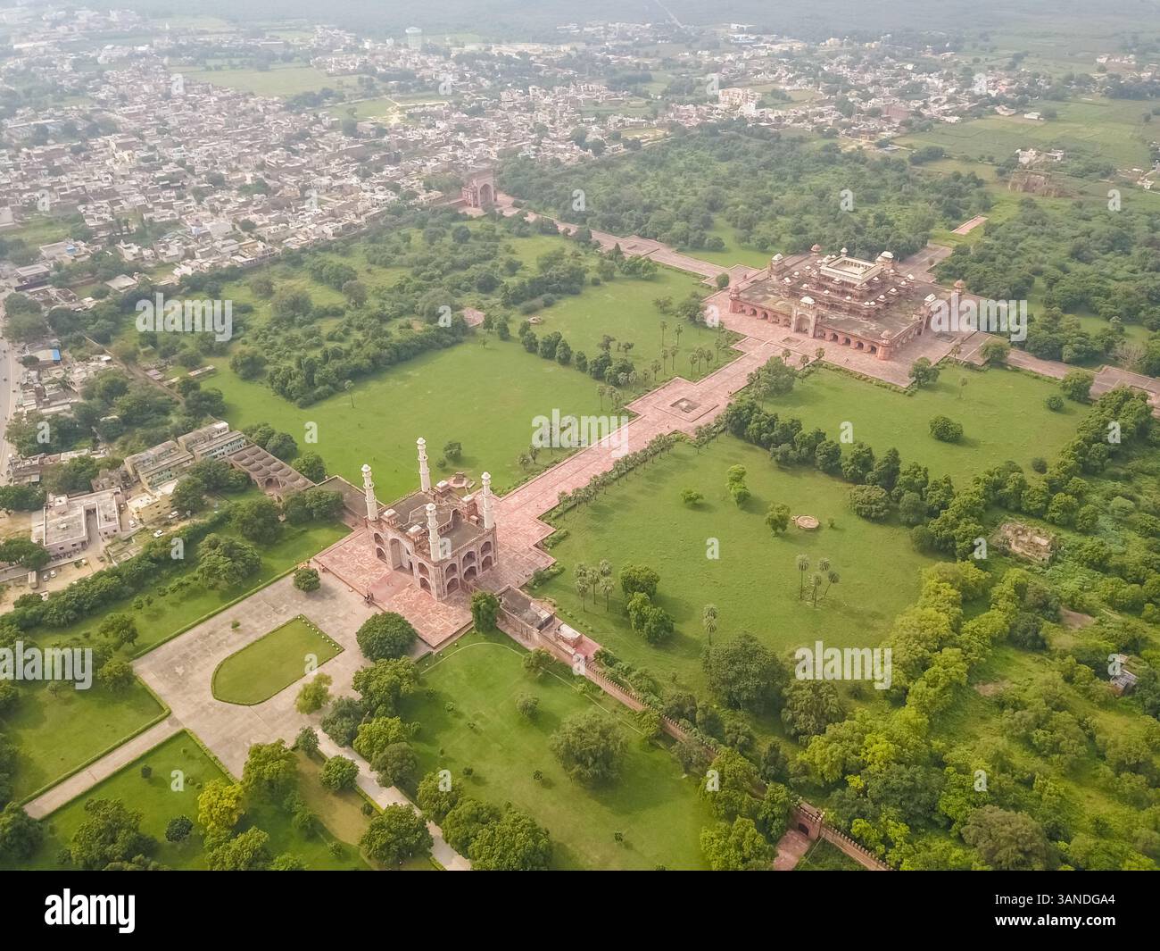 Aerial view of Tomb of Akbar The Great Area with a garden with many ...