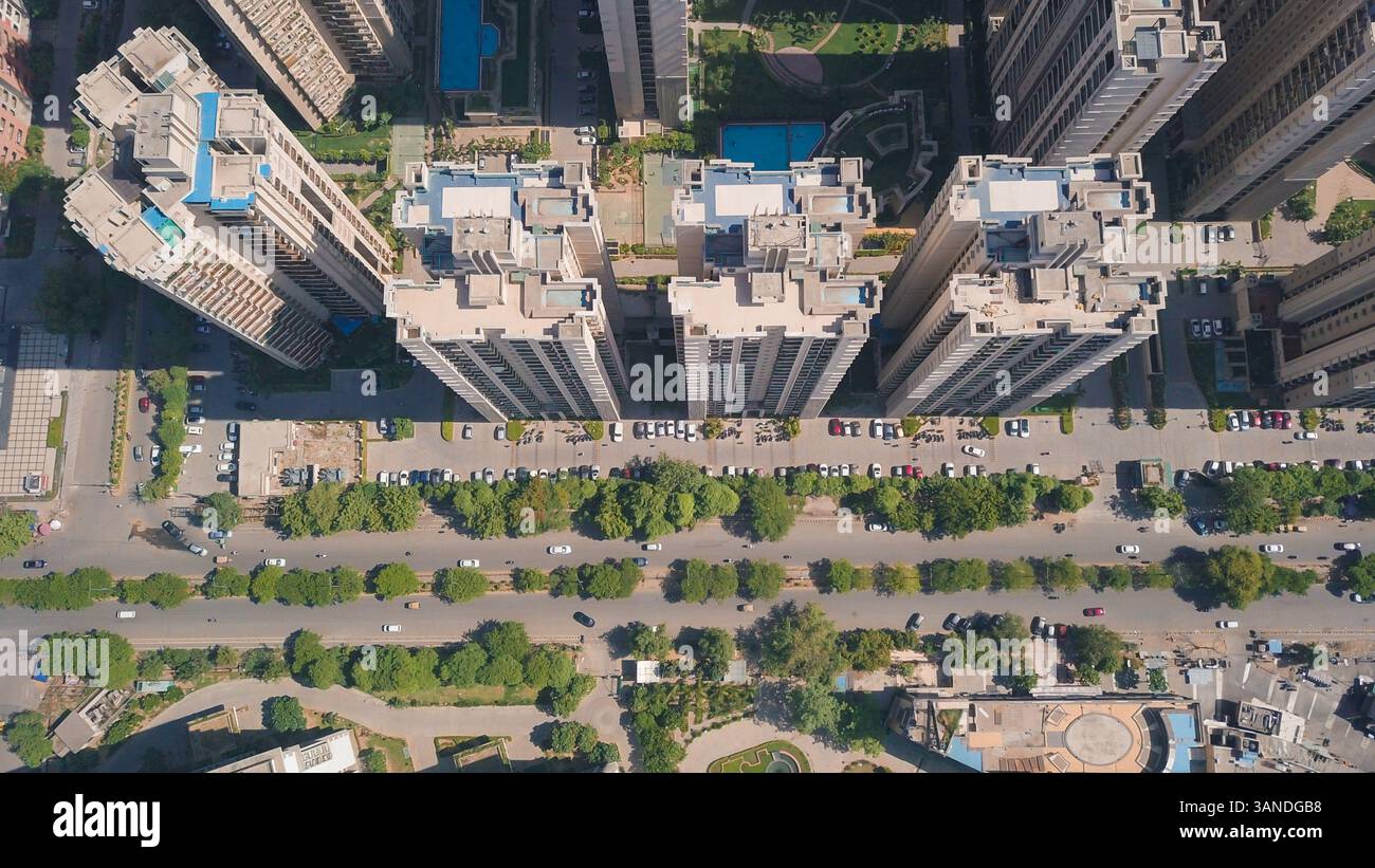 Top down aerial view of multistoreys buildings of ATS society by the ...