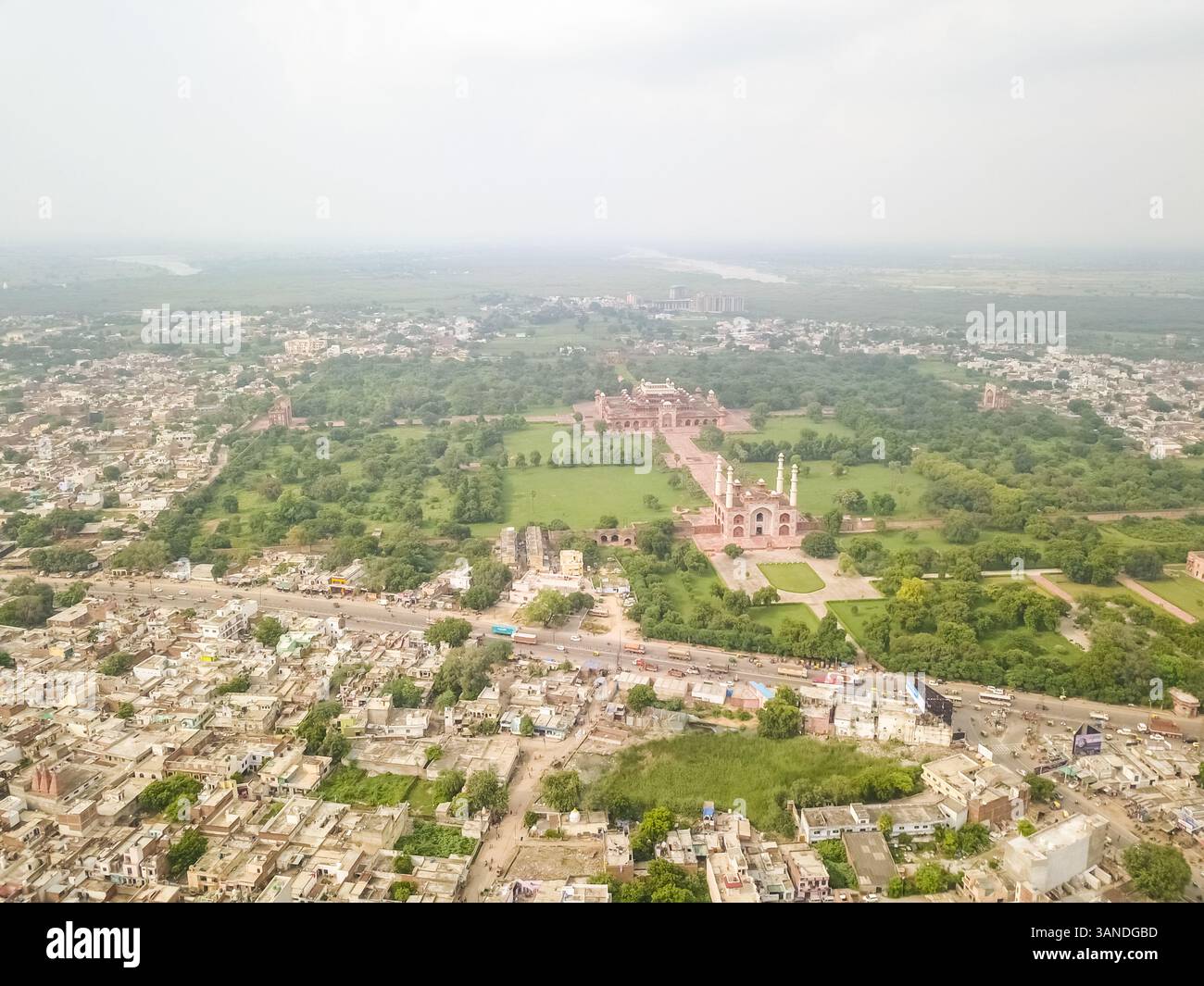 Aerial view of Tomb of Akbar The Great Area surrounded by houses and ...