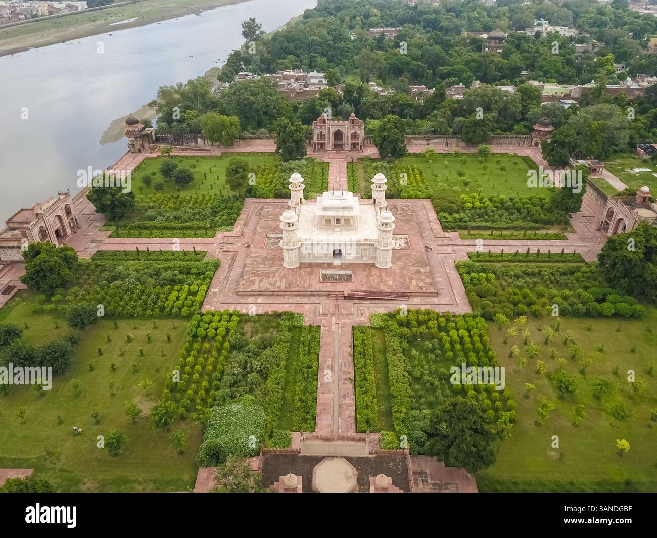 Aerial view of Itimad-ud-Daula with the Yamuna river, Moti Bagh, Agra ...