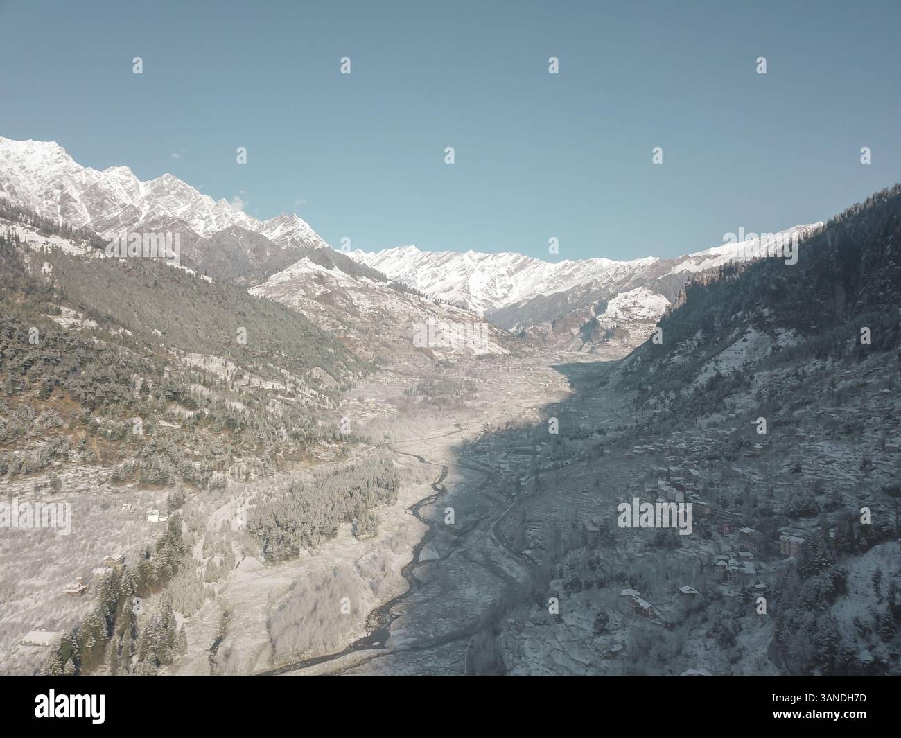 Aerial view of snowfall in the hills of vashisht area of Manali ...