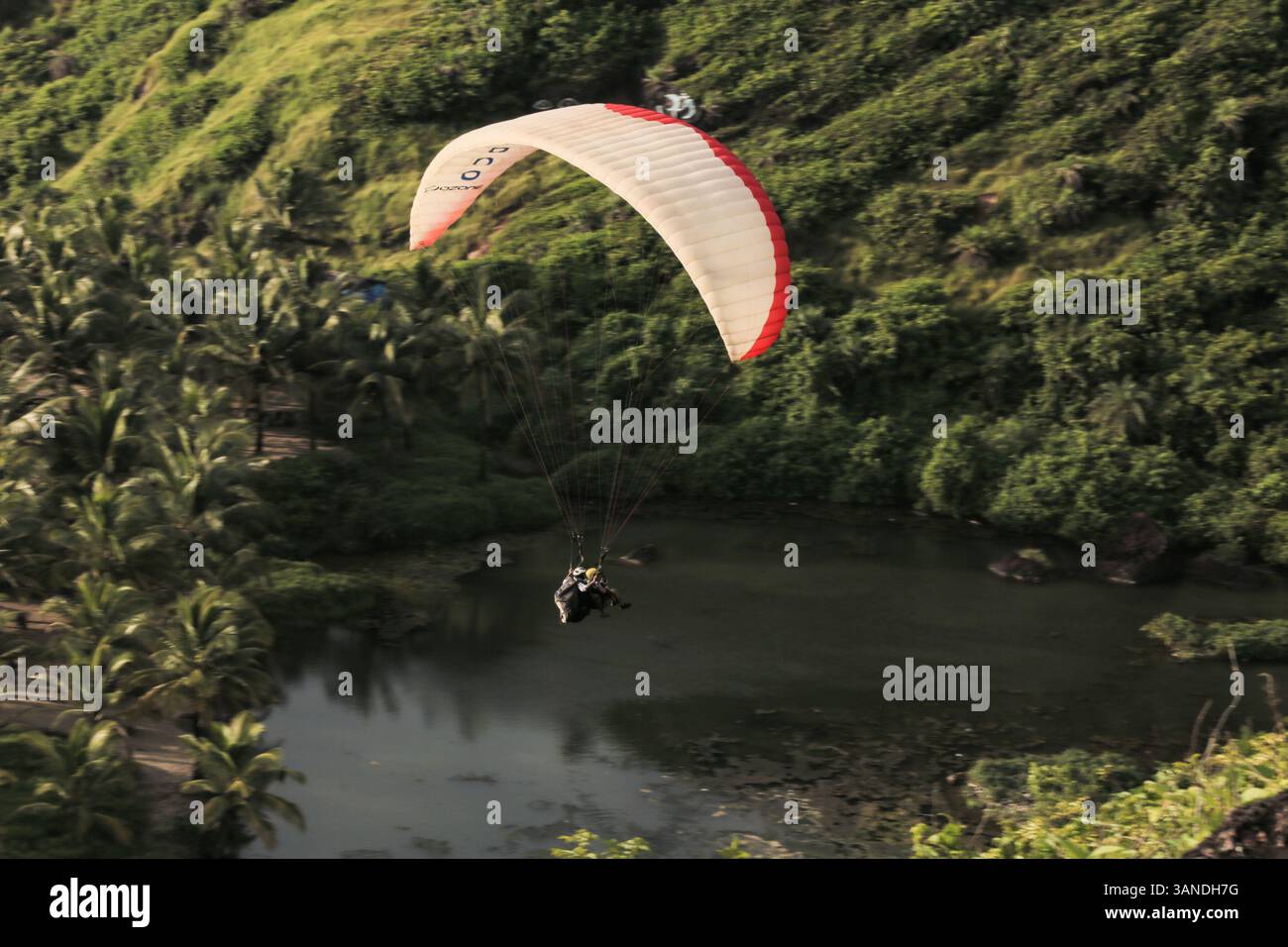 Aerial view of two guys paragliding over arambol beach in north goa ...