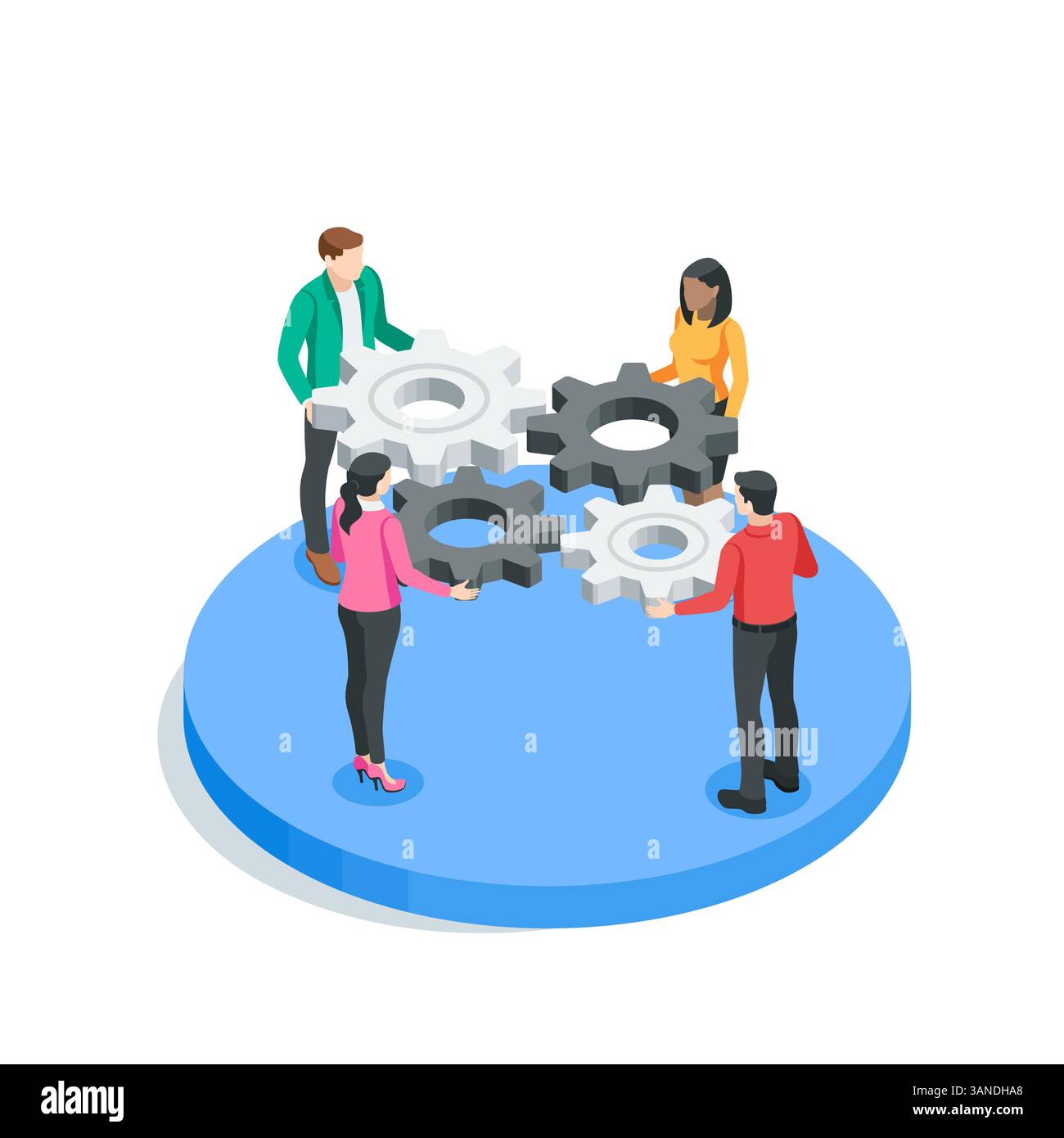 isometric vector people putting together gears into one mechanism, in ...