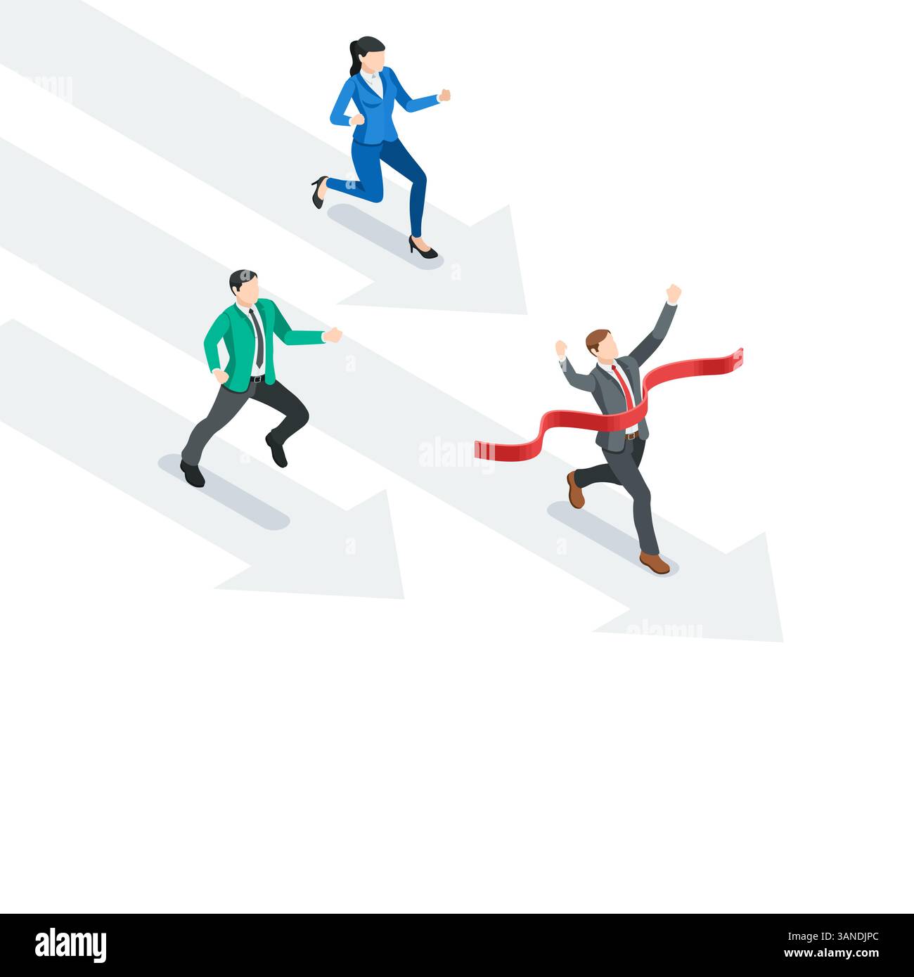 isometric vector business people running along arrows and finishing ...