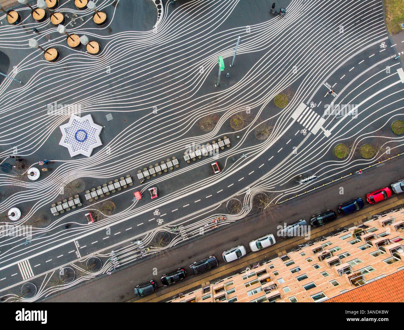 Aerial view of superkilen park featuring vibrant patterns and modern design, copenhagen, denmark ...