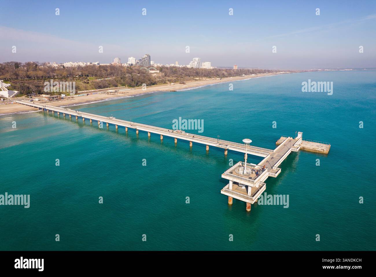 Aerial view of the picturesque Pier of Burgas with tranquil ocean waves ...