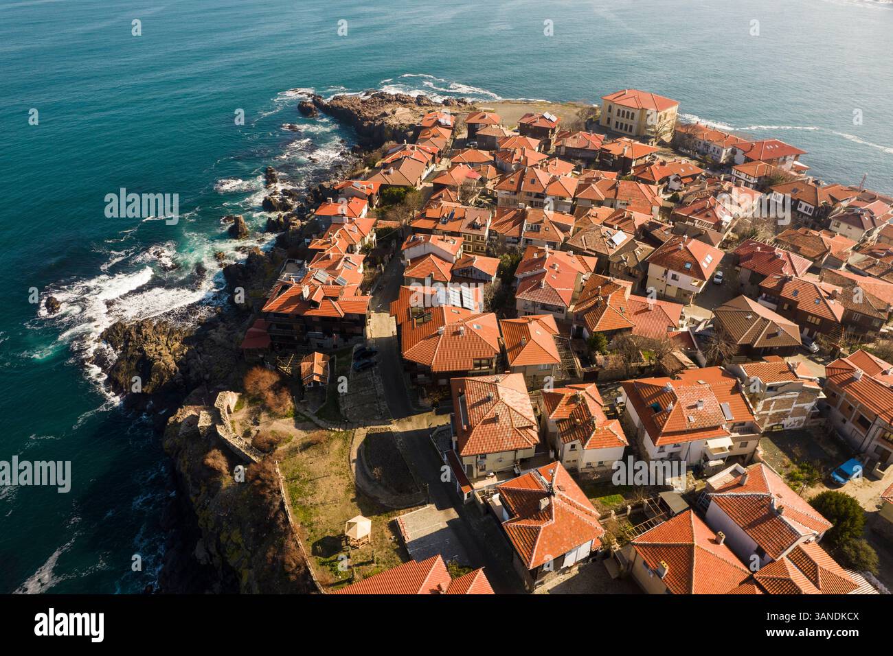 Aerial view of picturesque Sozopol town with beautiful rooftops and ...