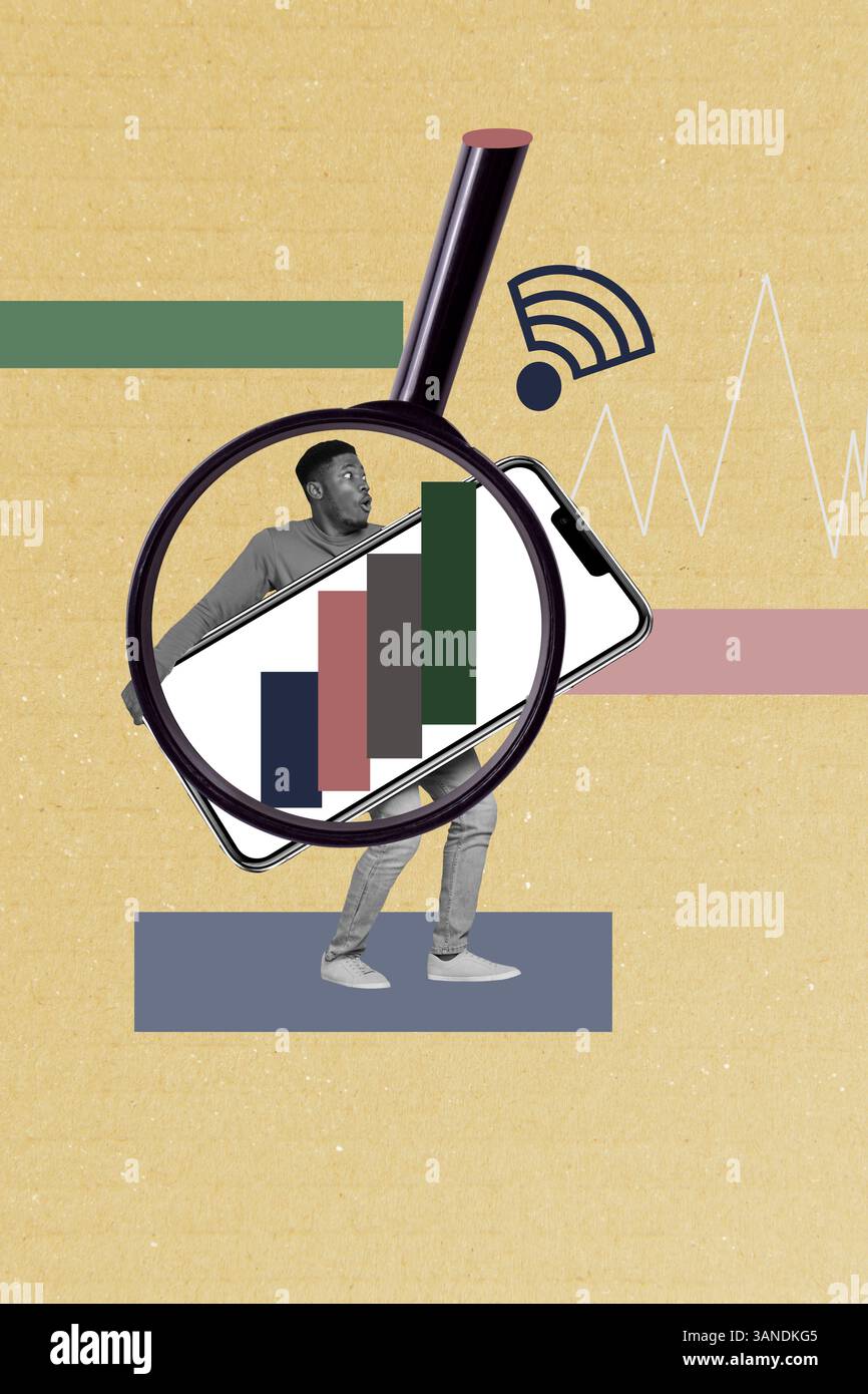 Vertical art banner collage of astonished american man hold big phone ...