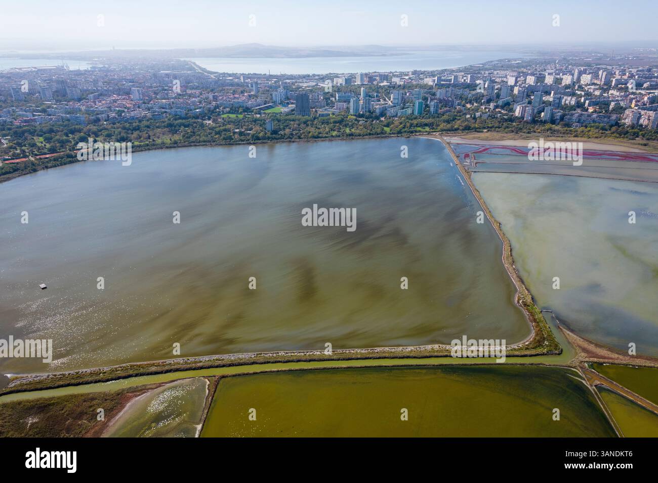 Aerial view of colorful salt evaporation ponds in Atanasovsko Lake, Burgas, Bulgaria Stock Photo ...