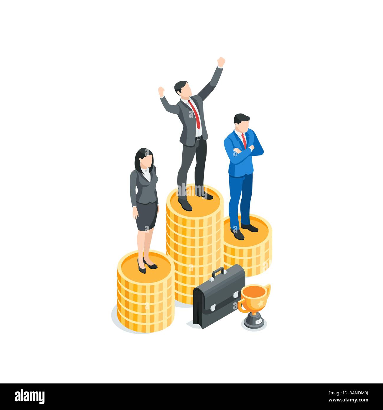 isometric vector business people on a pedestal of gold coins and a cup ...