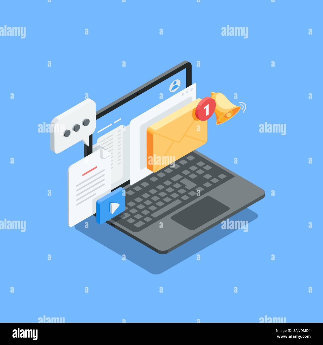 isometric vector envelope with alert bell and message, in color on ...
