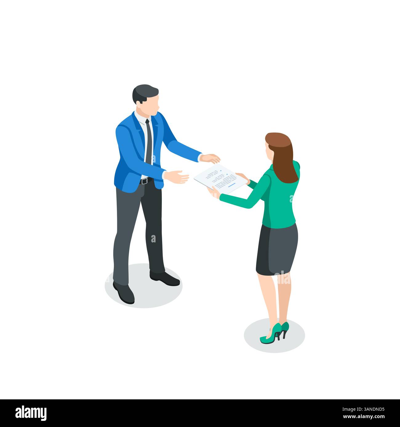 isometric vector business man and woman hand over a document for ...