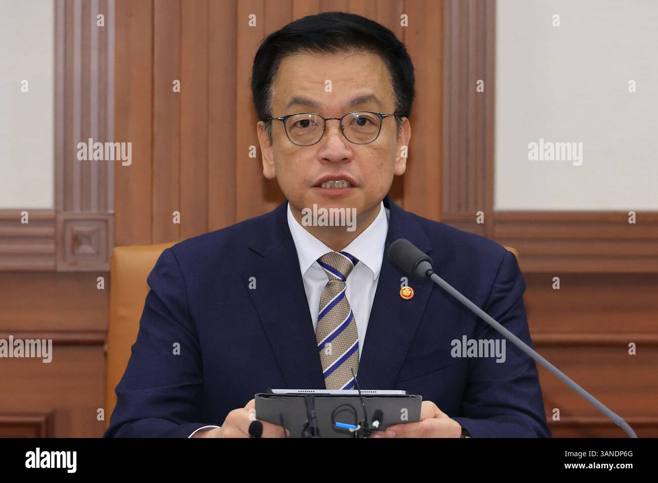 South Korean Finance Minister Choi Sang-mok speaks during a meeting at the government complex in ...