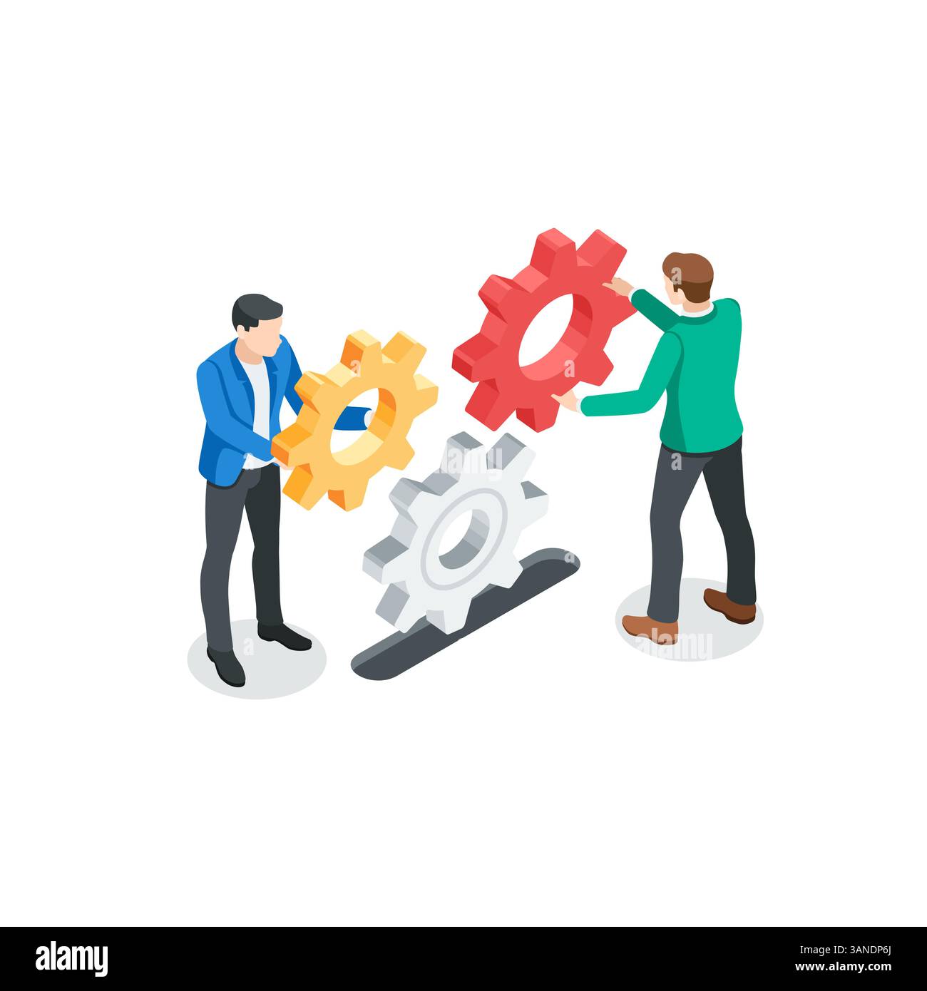 isometric vector business men assemble a mechanism from gears, in color ...