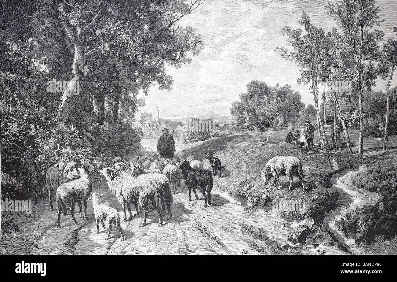 Shepherd with his sheep on the way to Kronberg im Taunus, around 1880, Germany, digital ...