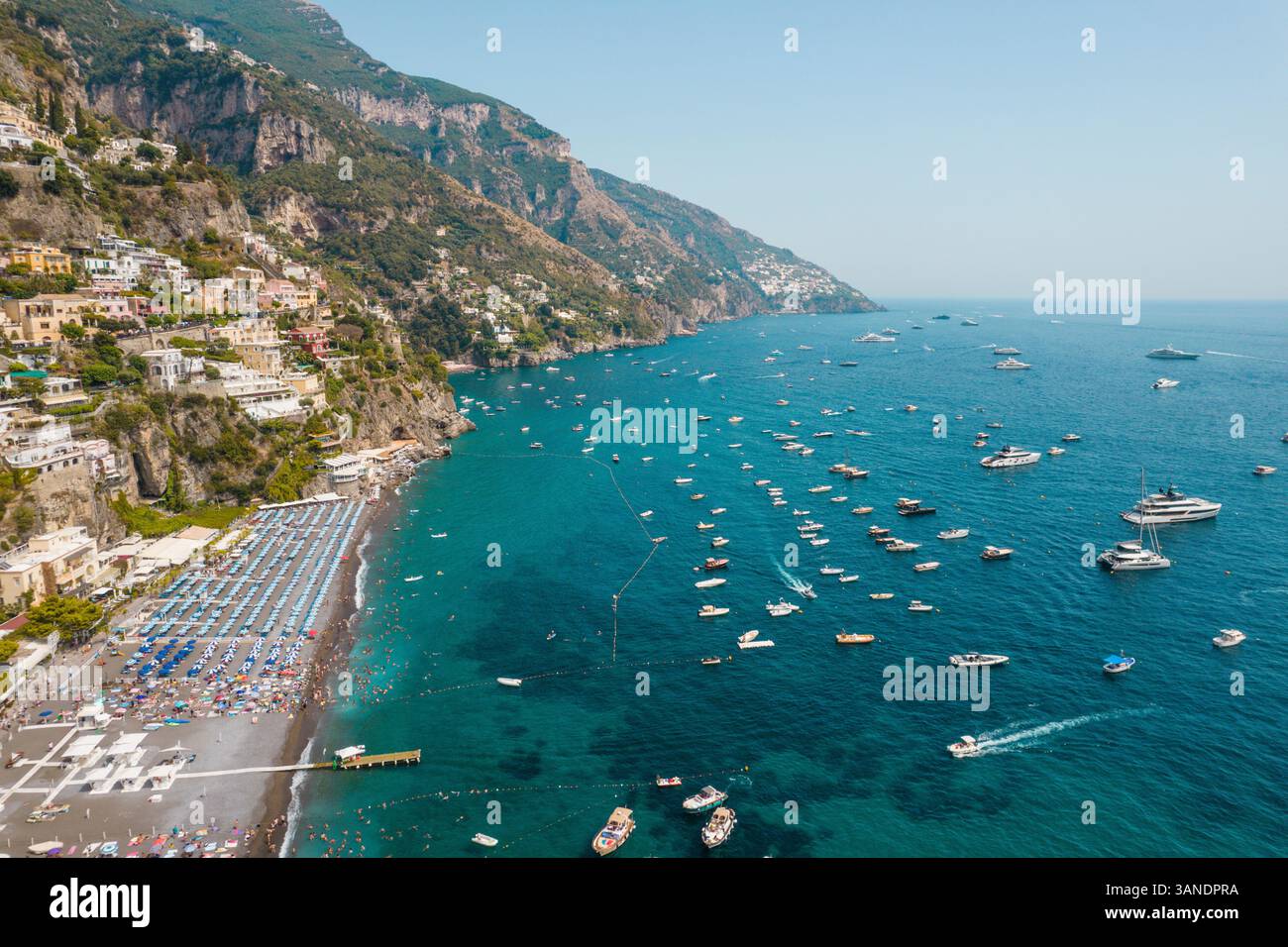 Aerial view of the beautiful seaside town of Positano with colorful ...