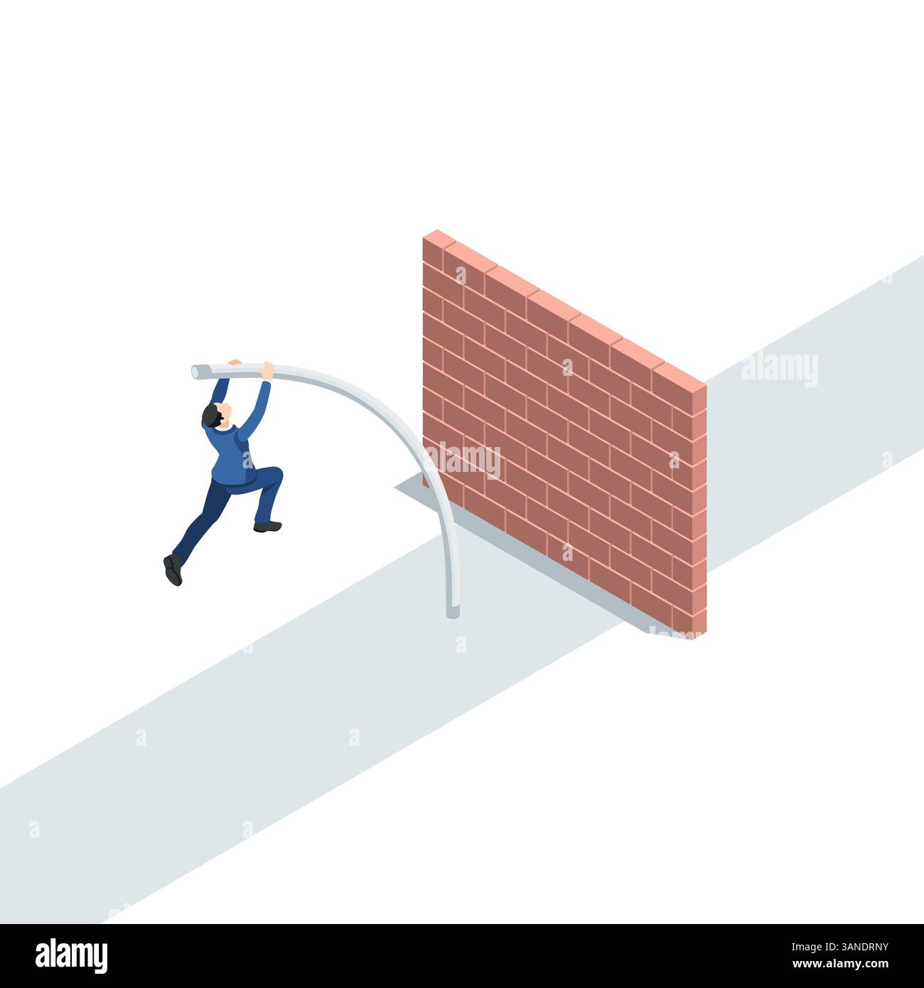 isometric vector business man using a pole jumps over a brick barrier ...