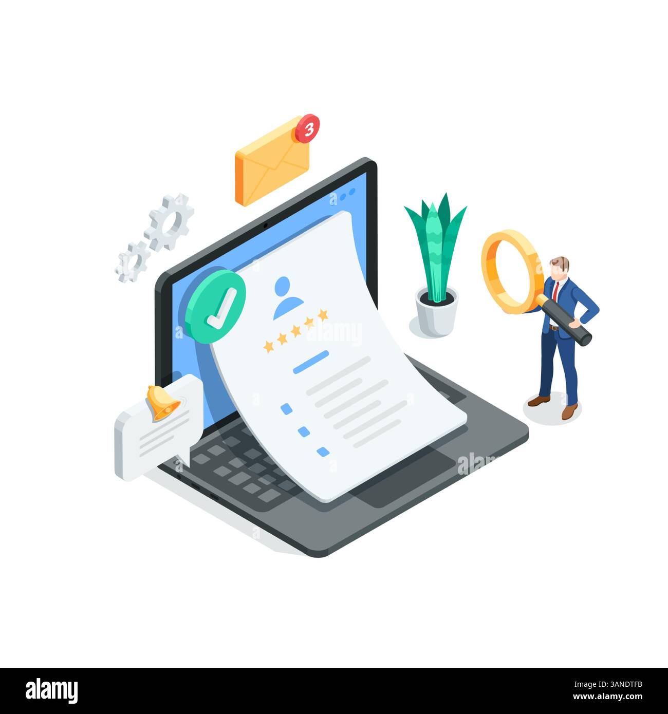 isometric vector business man with a magnifying glass stands near a ...