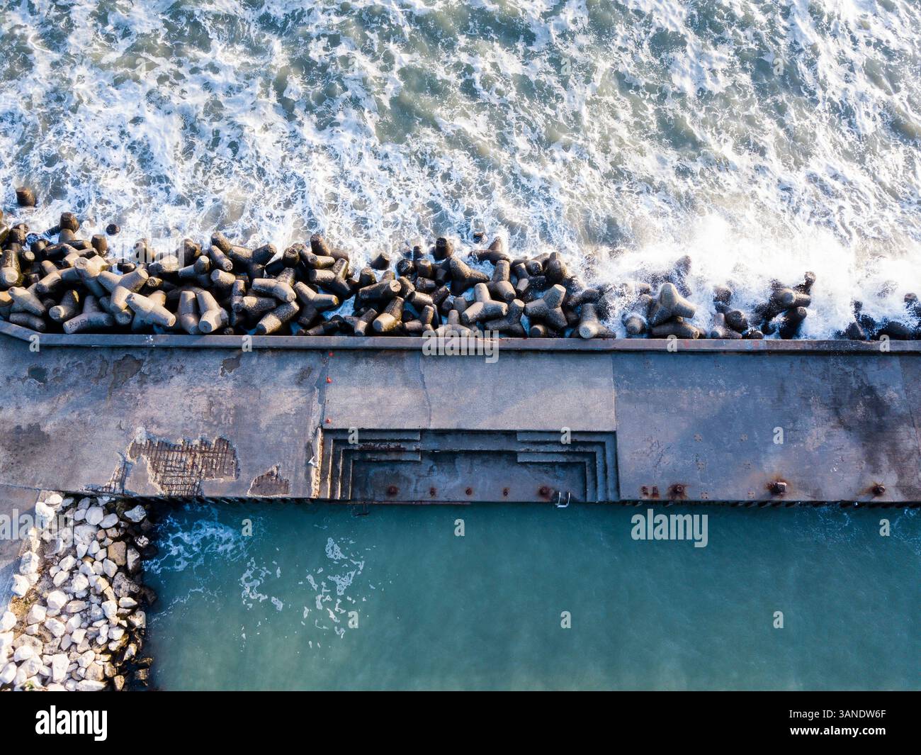Aerial Top Down View of Pier and Sea Waves, Varna city, Black Sea ...