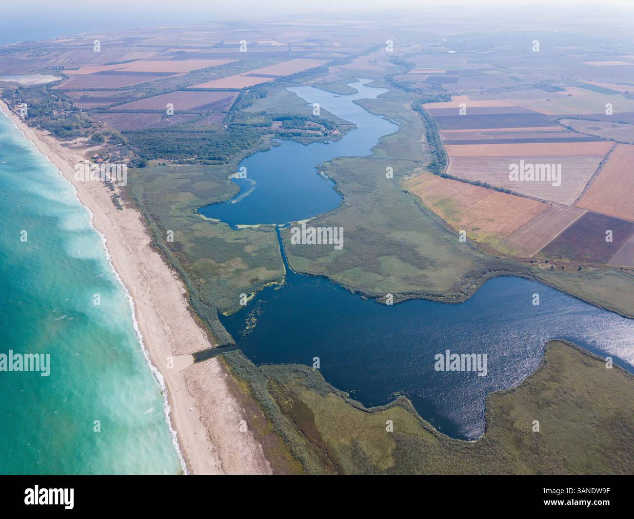 Aerial view of Shabla Lake and Black Sea Coast, Ezerets, Bulgaria Stock ...