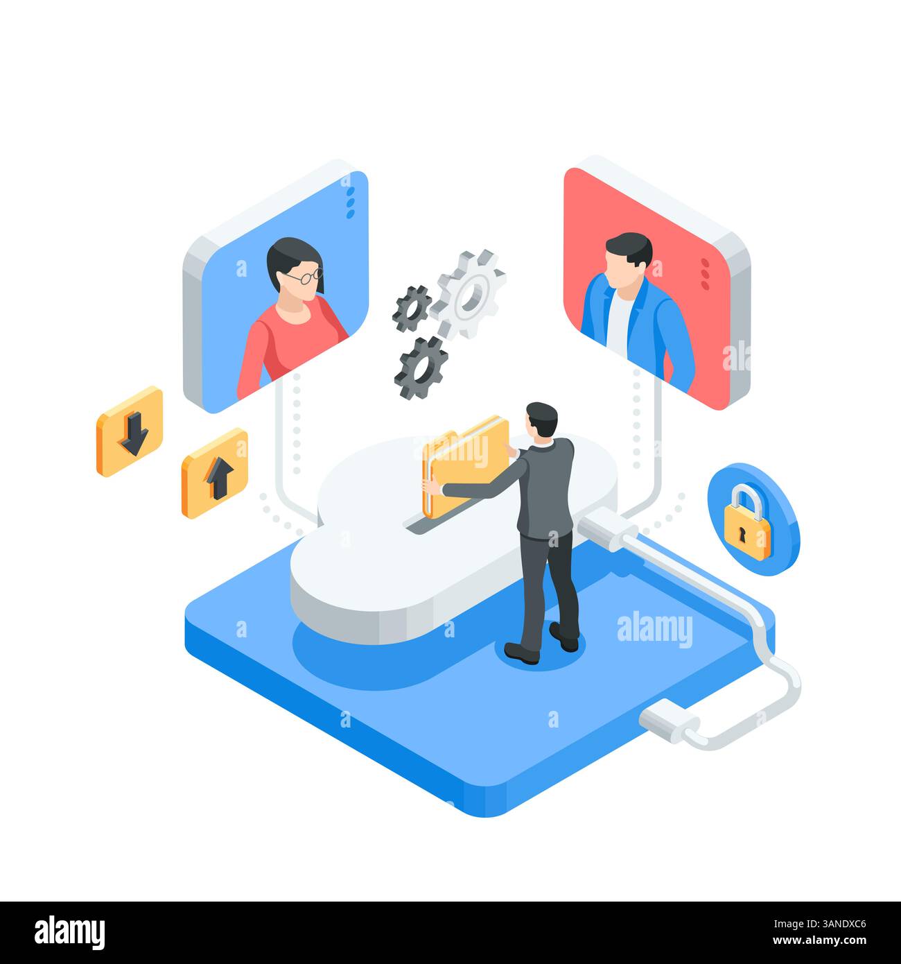 isometric vector business man uploading folder to cloud, in color on ...