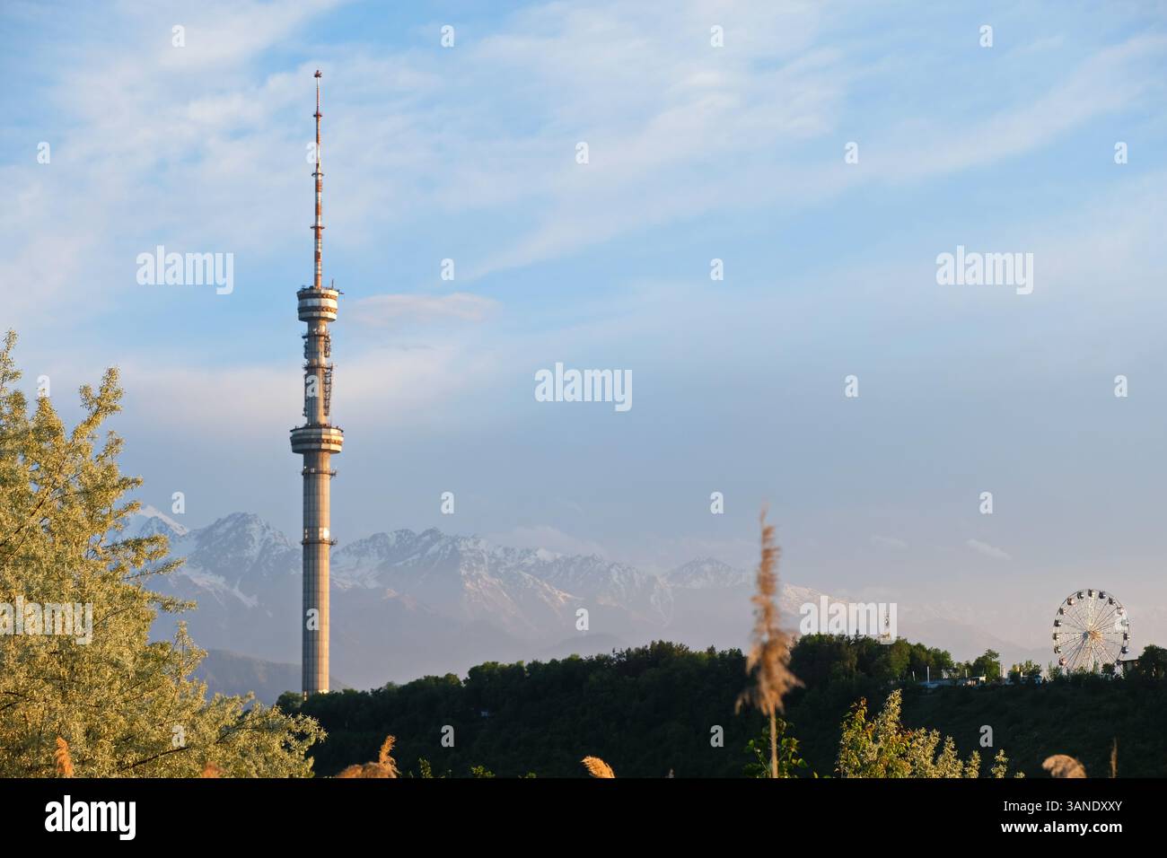 Kok Tobe TV tower, located on a high hill with trees above the city of ...