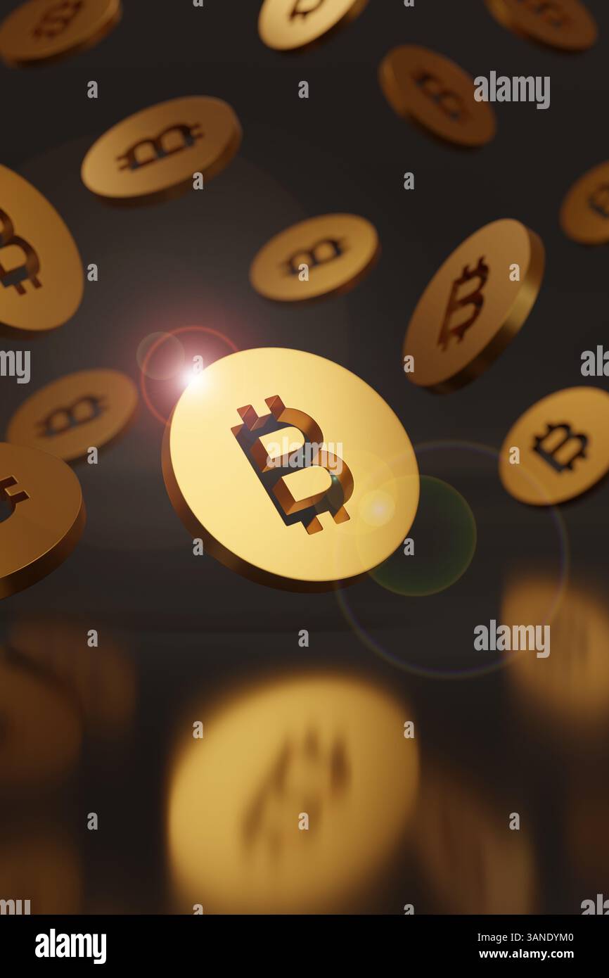 Shiny golden Bitcoin coins falling. 3D illustration Stock Photo - Alamy