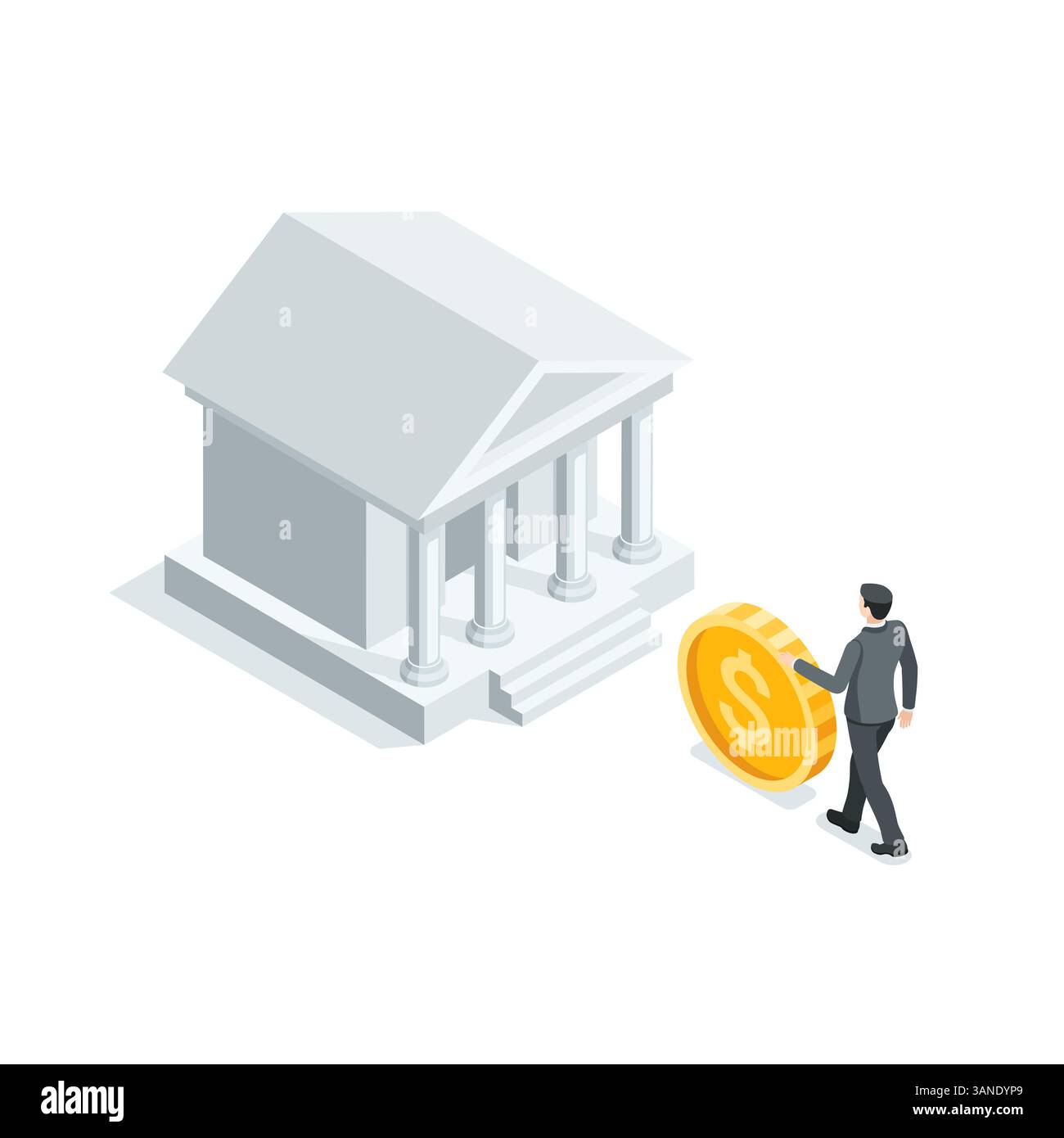 isometric vector business man rolling a coin towards a bank building ...