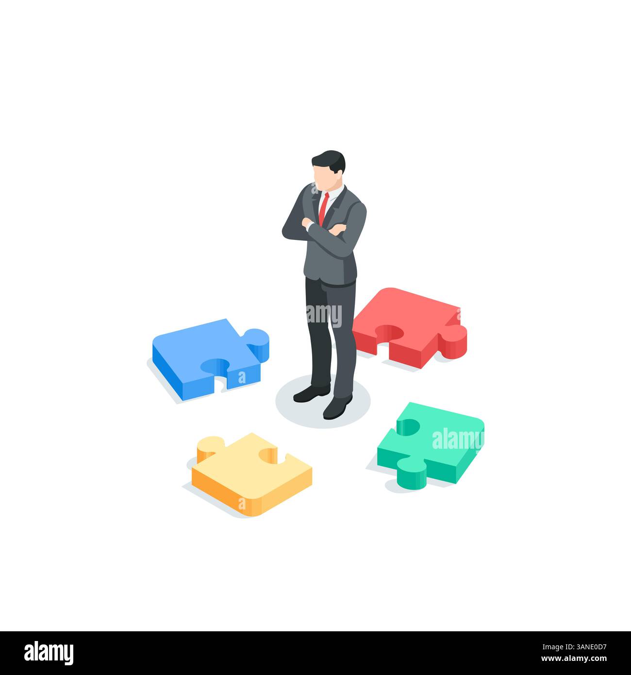 isometric vector business man standing near scattered puzzle pieces, in ...