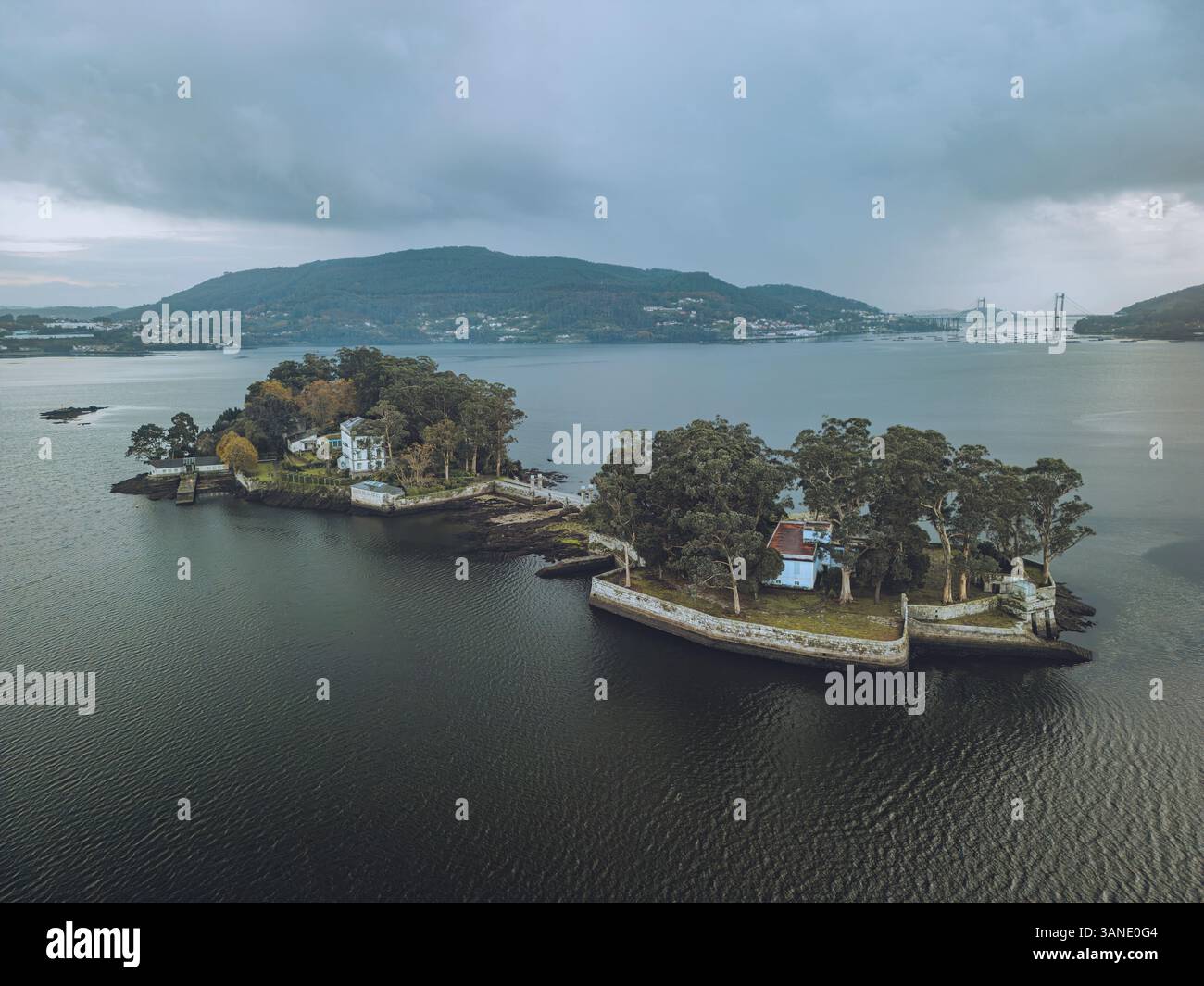 Aerial view of san simon island surrounded by tranquil water and ...