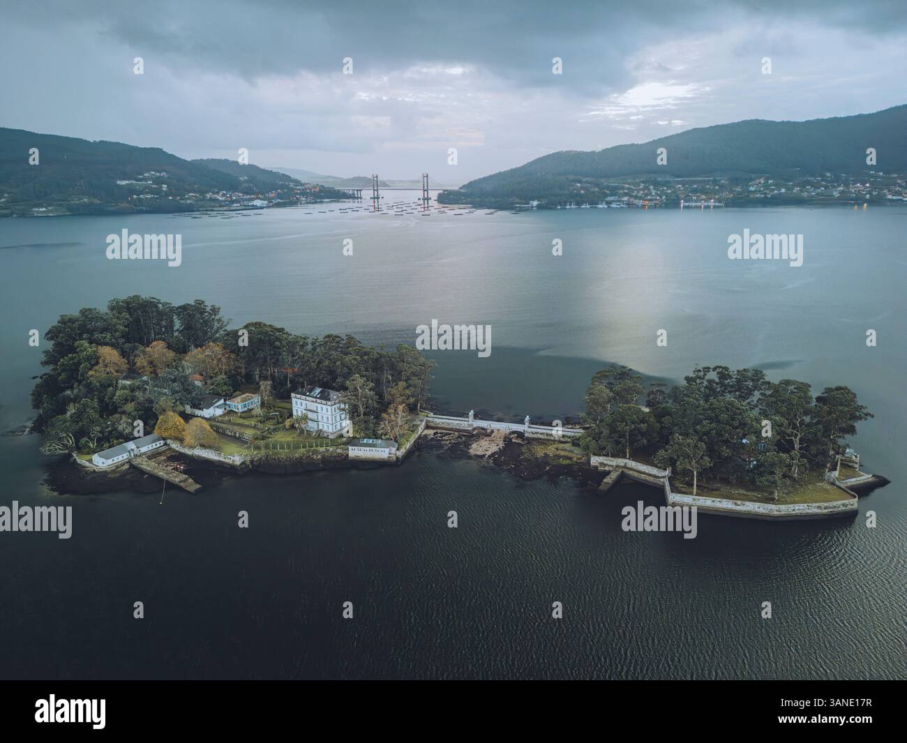 Aerial view of San Simon Island surrounded by tranquil water and scenic ...
