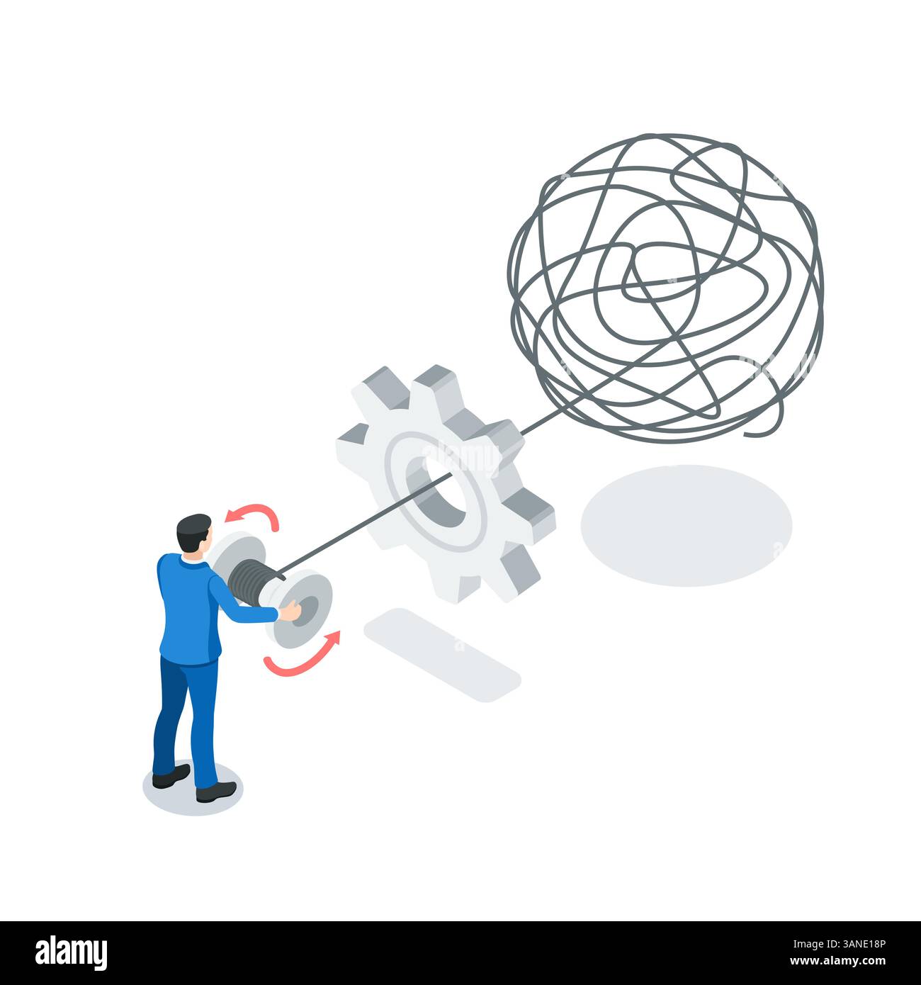 isometric vector business man untangling a tangled thread and gear, in ...
