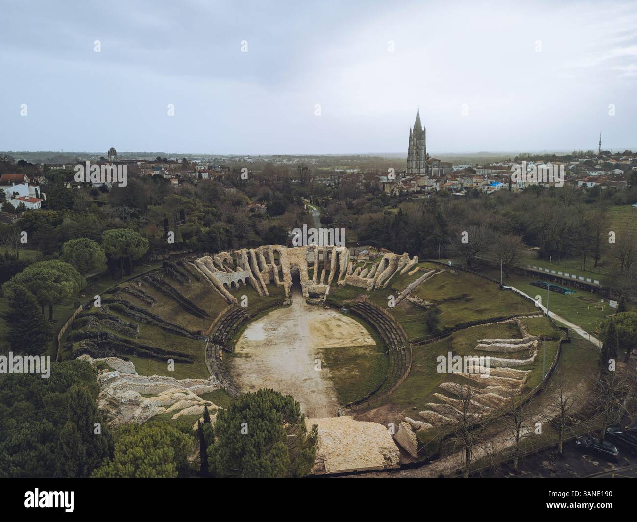 Aerial view of the historic Les Arenes de Saintes amphitheater ...