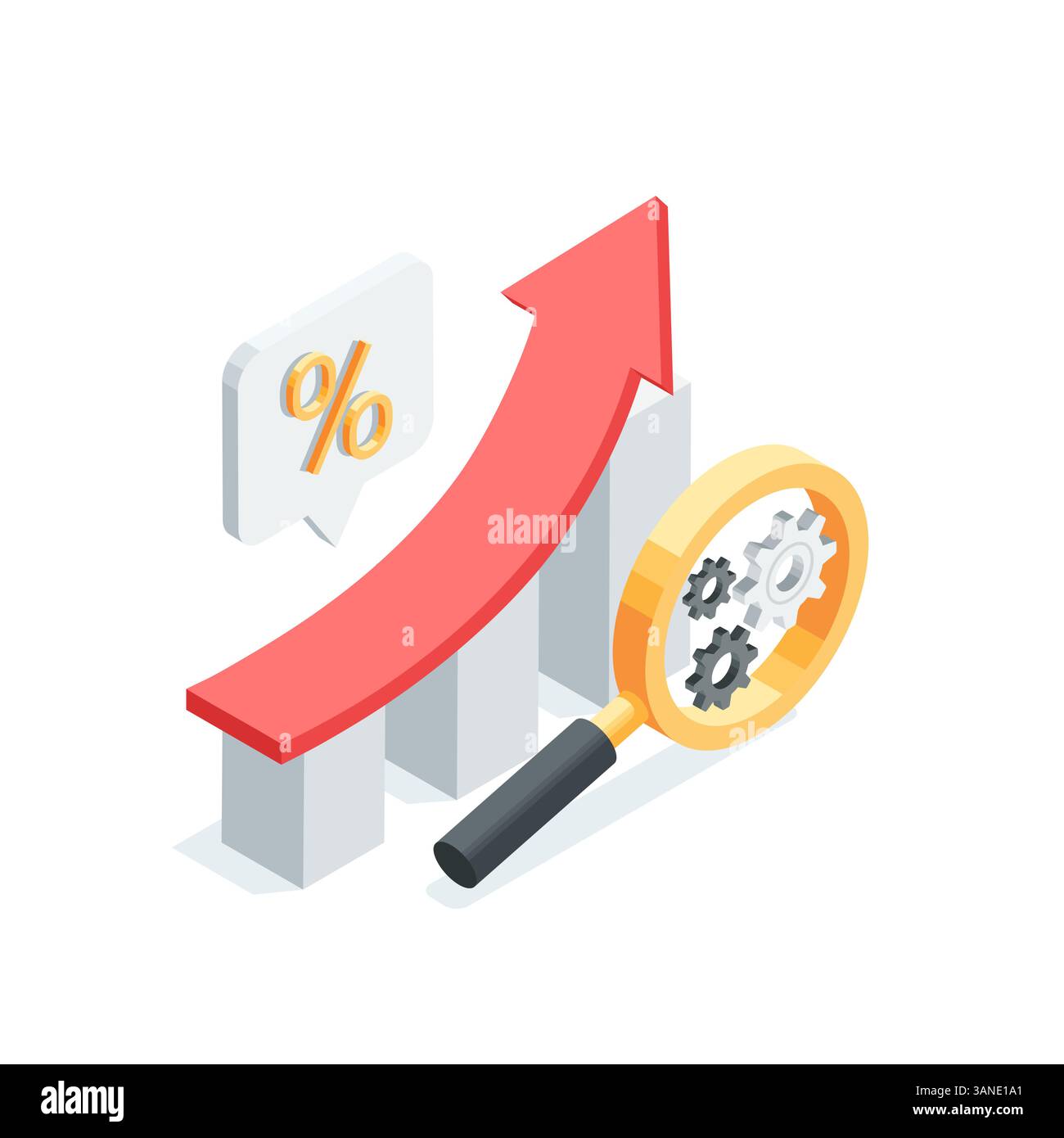 isometric vector chart with growing arrow and magnifying glass with ...