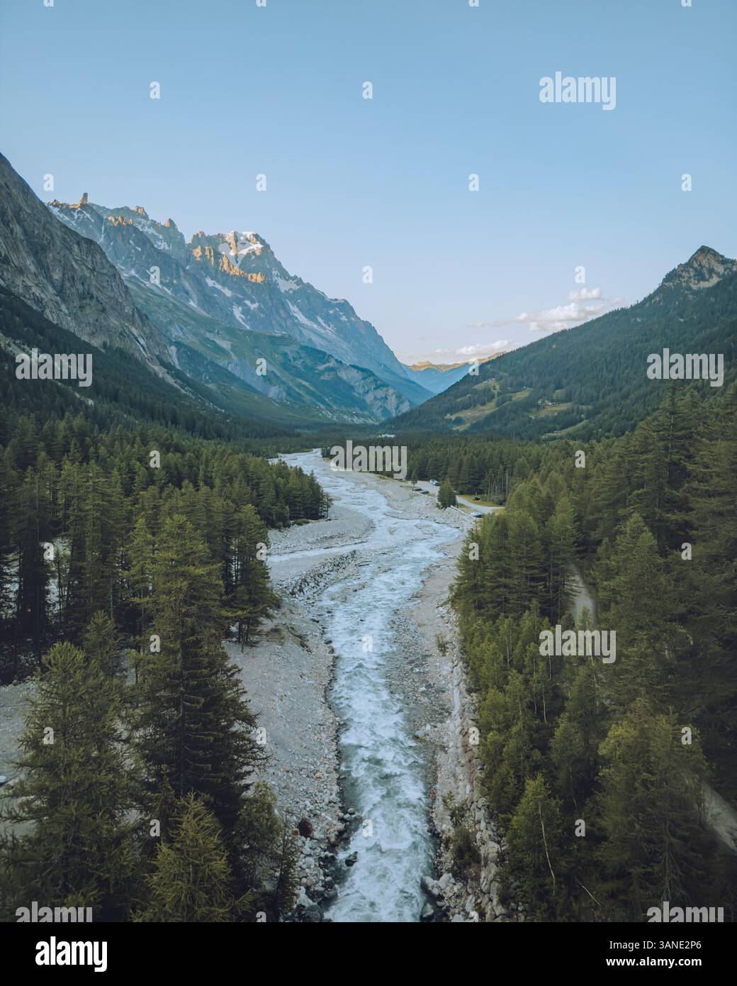 Aerial view of scenic Val Veny with Fiume Dora di Veny and majestic ...