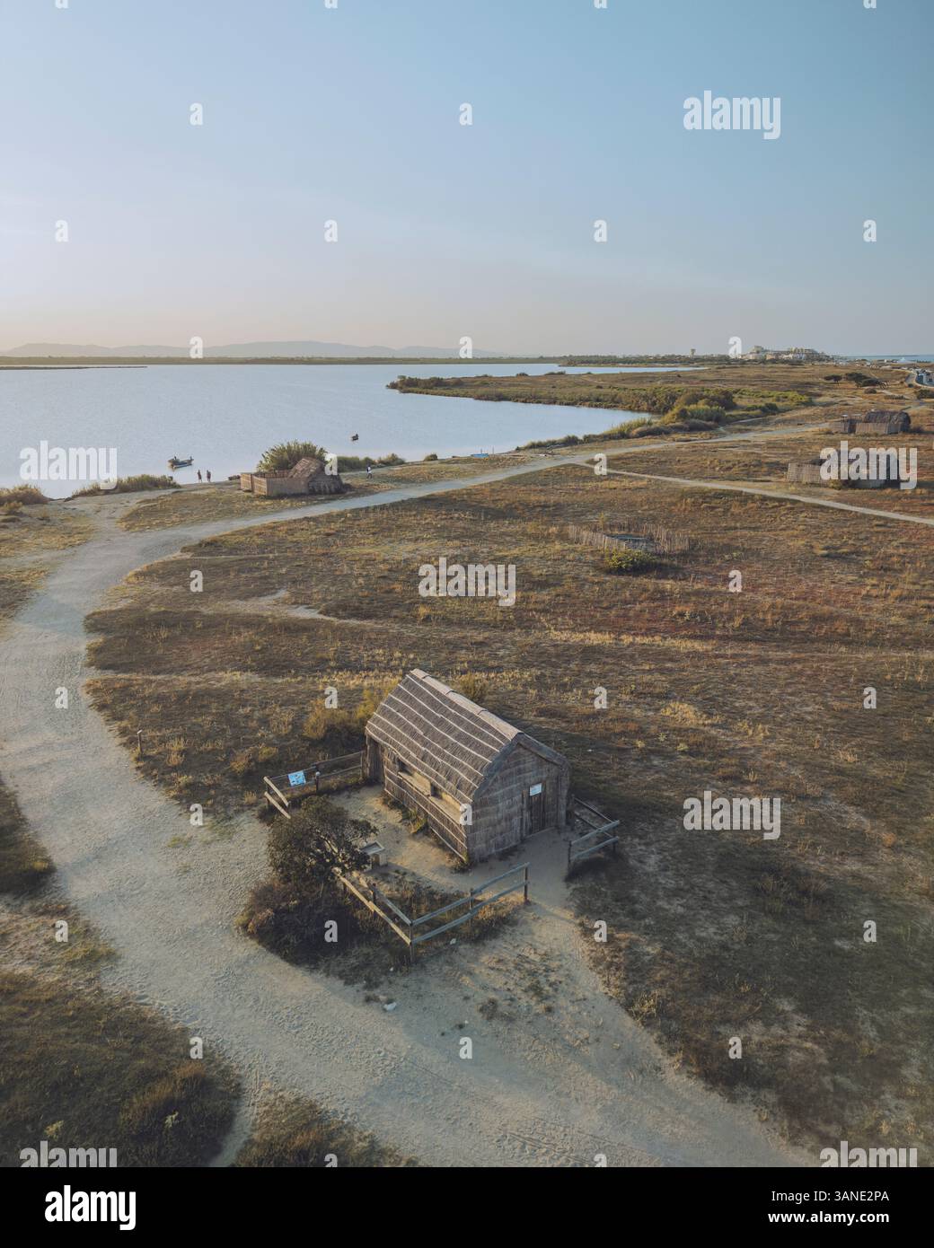 Aerial view of etang de Canet et de Saint-Nazaire with rustic fisherman ...