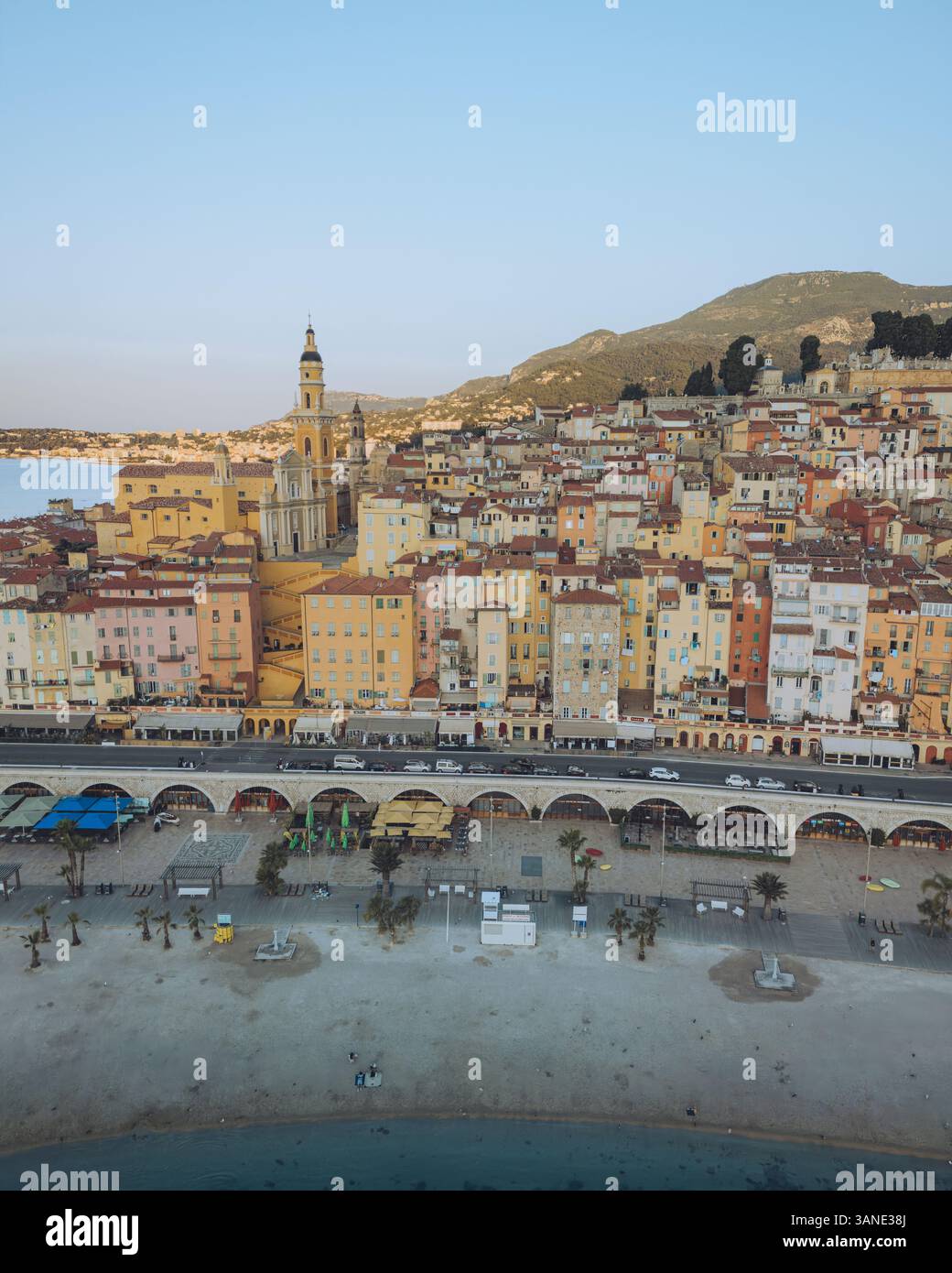 Aerial view of menton old town with colorful pastel houses and scenic ...