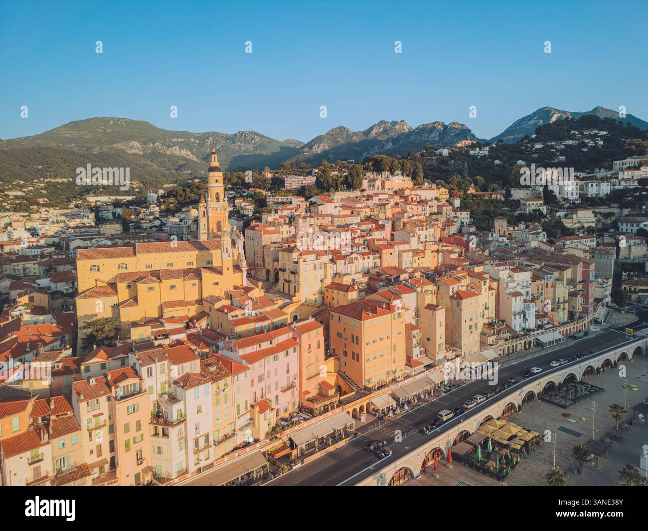 Aerial view of menton old town with colorful pastel houses and scenic ...