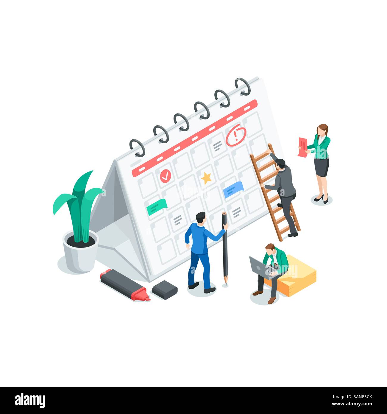 isometric vector men and woman near the calendar, in color on a white ...