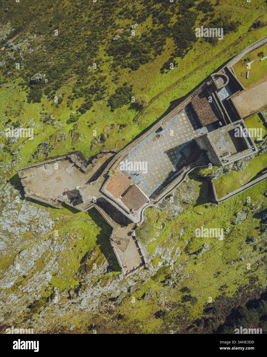 Aerial view of Castle of Marvao with rocky walls and greenery, Marvao ...