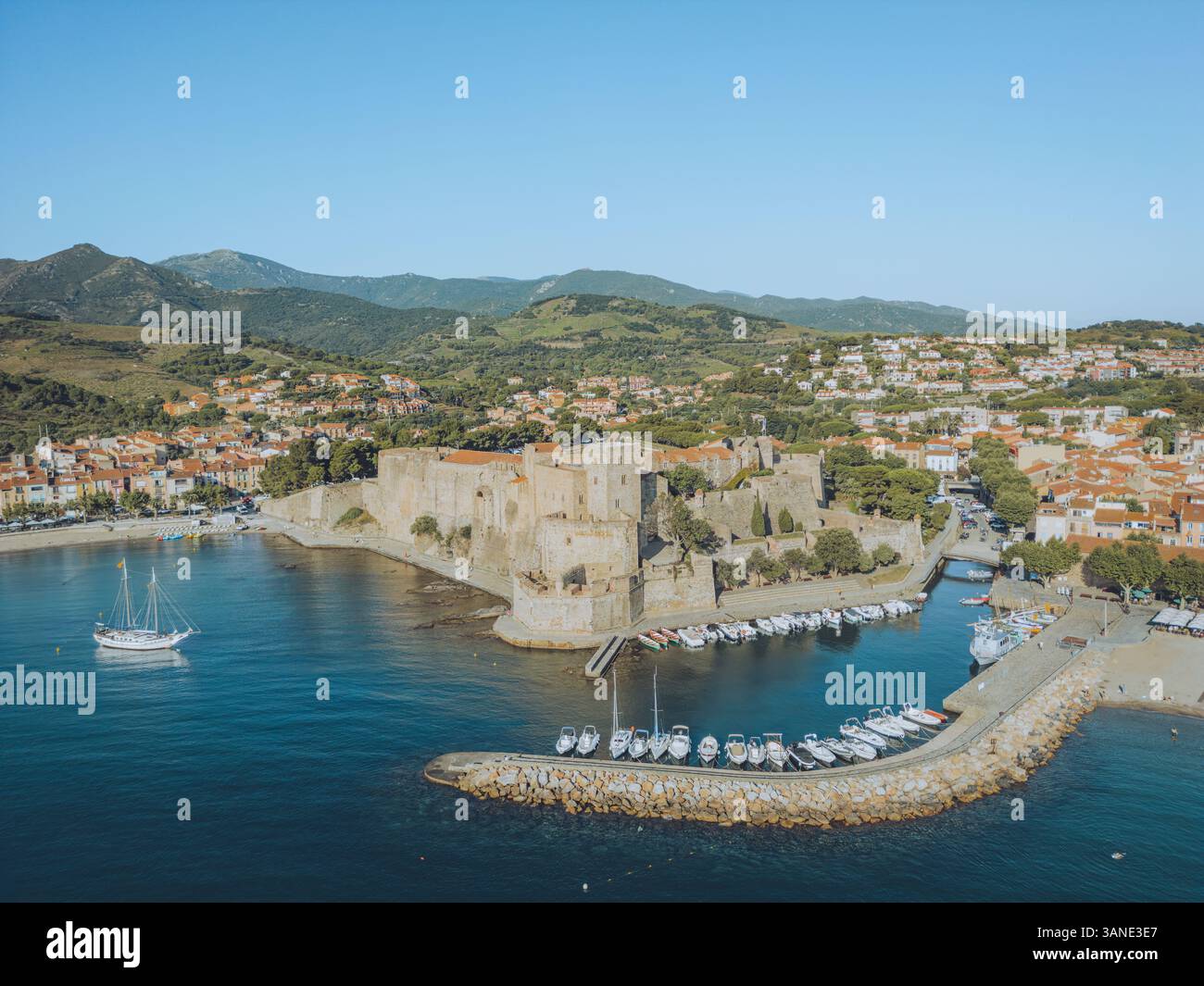 Aerial view of Collioure Port with Chateau royal de Collioure and ...